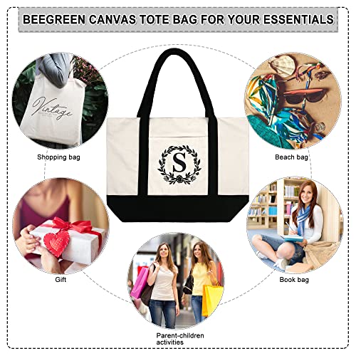 BeeGreen Initial Tote Bag for Women Mother Teacher Personalized Tote Bags for Wedding Beach 12oz Canvas Large Embroidery Monogrammed Gifts Bag w Front & Inner Pocket for Christmas(Letter S)