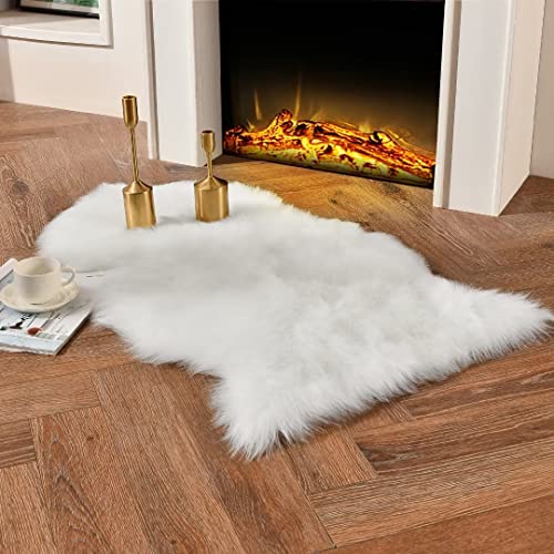 duduta White Faux Fur Chair Seat Covers, Fluffy Shag Sheepskin Bedside Rugs Throw Washable 2x3 ft