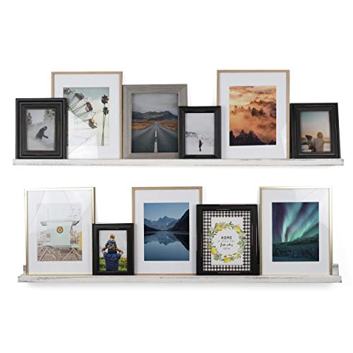 Rustic State Ted Narrow Wall Mount Wood Picture Ledge Photo Frame Display Floating Shelf for Living Room, Office, Kitchen, Bedroom, Bathroom Décor - 52 Inch - Set of 2 - Washed White