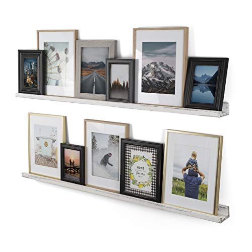 Rustic State Ted Narrow Wall Mount Wood Picture Ledge Photo Frame Display Floating Shelf for Living Room, Office, Kitchen, Bedroom, Bathroom Décor - 52 Inch - Set of 2 - Washed White