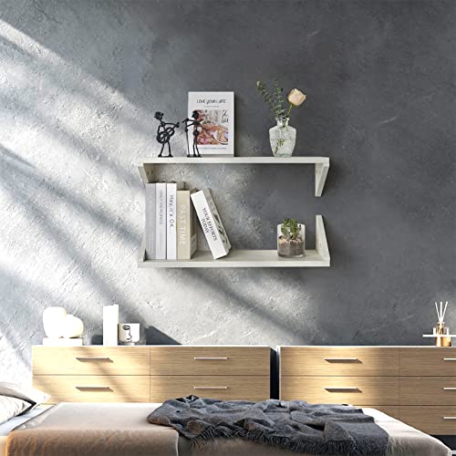 Kaboon Floating Shelves 16x8 inch Set of 2, Grayish White Pebbled Surface, Wall Shelves for Storage and Decor, Living Room, Bathroom, Kitchen, Office and More, Home Decor and Organization, Sea Salt