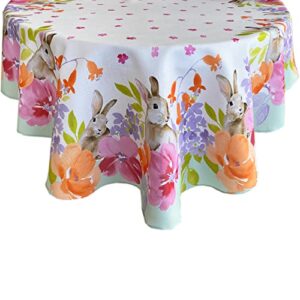 newbridge bunny flower fields easter and spring fabric double bordered tablecloth – cute bunny rabbit and vivid pastel floral easy care, stain resistant fabric tablecloth, 60” x 84” oval