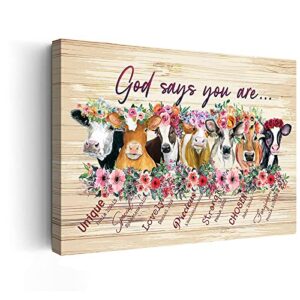 cute cow canvas wall art god says you are funny rustic farm cow kitchen decor quotes pictures modern giclee print painting home decoration for living room bedroom framed ready to hang 12x16inch