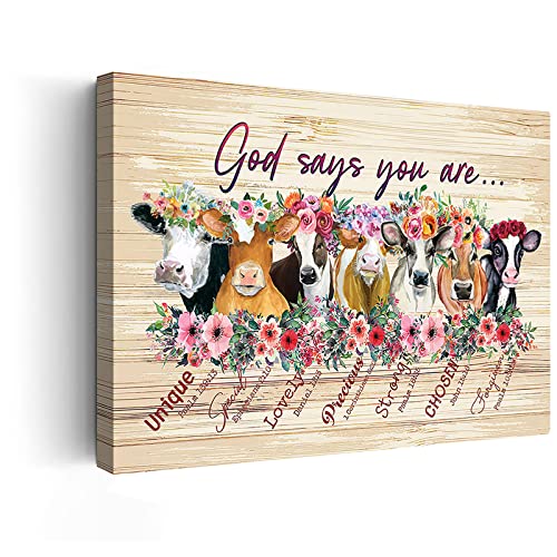 Cute Cow Canvas Wall Art God Says You Are Funny Rustic Farm Cow Kitchen Decor Quotes Pictures Modern Giclee Print Painting Home Decoration For Living Room Bedroom Framed Ready To Hang 12x16inch