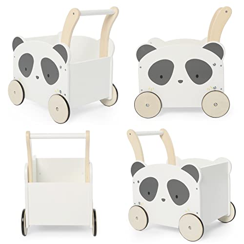 Panda Wooden Baby Push Walker - 2-in-1 Toddler Push & Pull Toys Learning Walker Stroller Walker with Wheels for Baby Girls Boys 1-3 Years Old