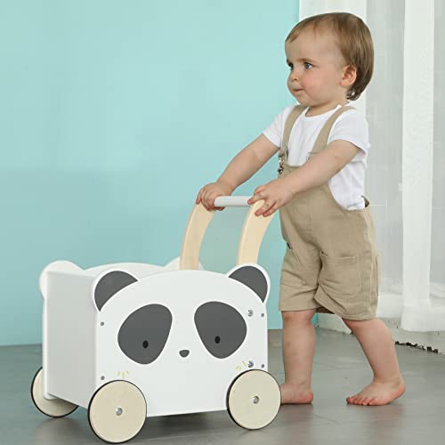 Panda Wooden Baby Push Walker - 2-in-1 Toddler Push & Pull Toys Learning Walker Stroller Walker with Wheels for Baby Girls Boys 1-3 Years Old