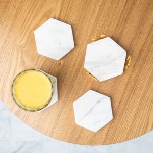 Cork & Mill Marble Coasters for Drinks - Set of 4 Handcrafted Hexagon Coasters with Holder