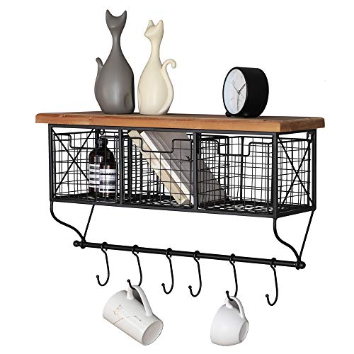 Ctystallove Industrial Wall Mounted Metal Wood Shelf with Baskets Hooks Hanging Storage Rack Display Shelf Sundries Holder for Coffee Bar Kitchen Office Bathroom Organization and Home Decor, Black