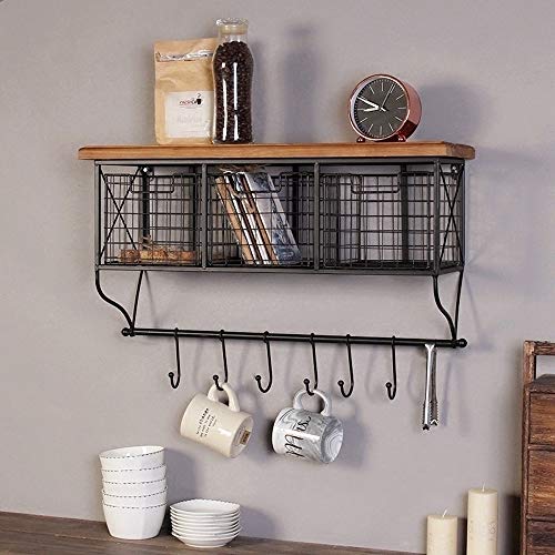 Ctystallove Industrial Wall Mounted Metal Wood Shelf with Baskets Hooks Hanging Storage Rack Display Shelf Sundries Holder for Coffee Bar Kitchen Office Bathroom Organization and Home Decor, Black