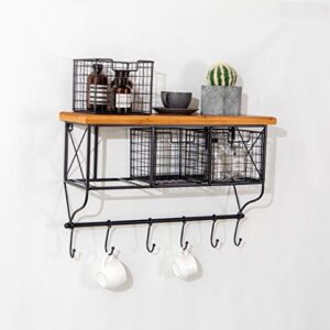 Ctystallove Industrial Wall Mounted Metal Wood Shelf with Baskets Hooks Hanging Storage Rack Display Shelf Sundries Holder for Coffee Bar Kitchen Office Bathroom Organization and Home Decor, Black