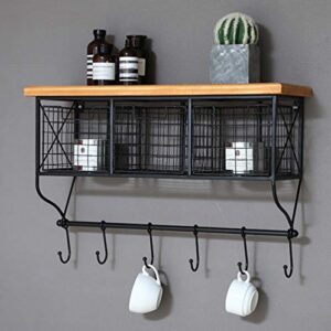 Ctystallove Industrial Wall Mounted Metal Wood Shelf with Baskets Hooks Hanging Storage Rack Display Shelf Sundries Holder for Coffee Bar Kitchen Office Bathroom Organization and Home Decor, Black