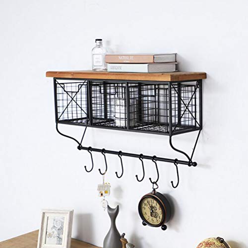 Ctystallove Industrial Wall Mounted Metal Wood Shelf with Baskets Hooks Hanging Storage Rack Display Shelf Sundries Holder for Coffee Bar Kitchen Office Bathroom Organization and Home Decor, Black