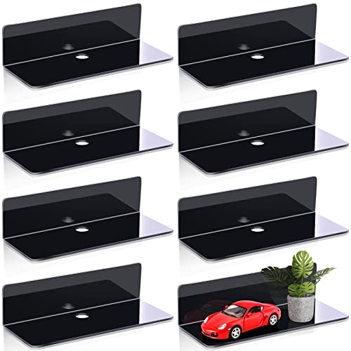 8 Pieces Acrylic Floating Wall Shelves 9 Inches Adhesive Floating Shelf Screwless Shelves Hanging Shelves Small Self Adhesive Display Shelf for Smart Speaker, Action Figures, Security Cameras (Black)