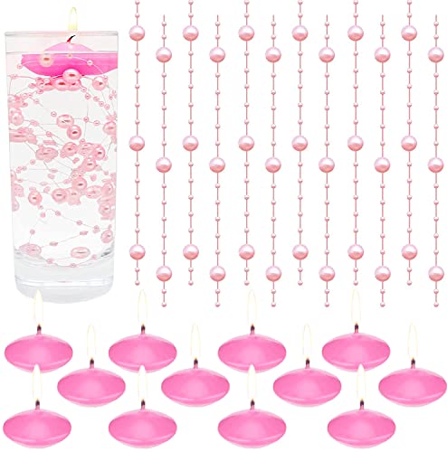 Pink Floating Candles for Centerpieces Vases Set - 12 Dripless Wax Burning Candles Small Unscented Floating Candles + 10 Artificial Pearl String (40 Inch) for Weddings, Party and Home Decorations