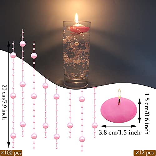 Pink Floating Candles for Centerpieces Vases Set - 12 Dripless Wax Burning Candles Small Unscented Floating Candles + 10 Artificial Pearl String (40 Inch) for Weddings, Party and Home Decorations