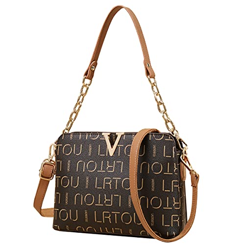 LAORENTOU PVC Leather Monogram Handbags for Women Small Signature Crossbody Bags Women's Shoulder Bags Faux Leather Checkered Bag (Brown)