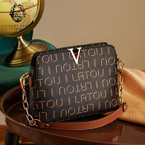 LAORENTOU PVC Leather Monogram Handbags for Women Small Signature Crossbody Bags Women's Shoulder Bags Faux Leather Checkered Bag (Brown)