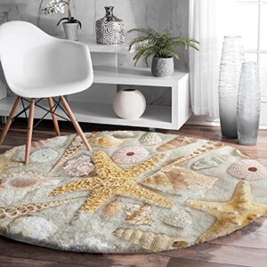 LAMANDA Round Area Rugs Seaside Beach Starfish Conch ShellsIndoor Floor Carpet Non Slip Throw Rug for Living Room Bedroom Kids Nursery Tropical Summer Vacation 48in