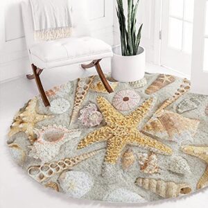 LAMANDA Round Area Rugs Seaside Beach Starfish Conch ShellsIndoor Floor Carpet Non Slip Throw Rug for Living Room Bedroom Kids Nursery Tropical Summer Vacation 48in