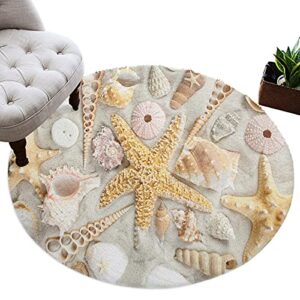 LAMANDA Round Area Rugs Seaside Beach Starfish Conch ShellsIndoor Floor Carpet Non Slip Throw Rug for Living Room Bedroom Kids Nursery Tropical Summer Vacation 48in