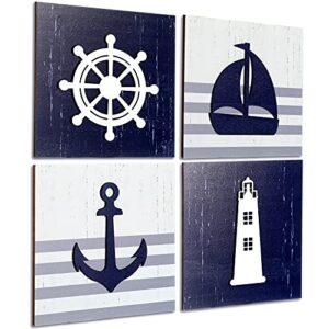 4 pieces nautical wall decor anchor ship wheel sailboat lighthouse wooden sign rustic beach 3d wood print sign beach bathroom wooden plaque decor ocean coastal theme ocean decor (dark blue, white)