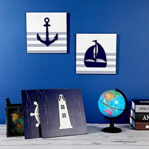 4 Pieces Nautical Wall Decor Anchor Ship Wheel Sailboat Lighthouse Wooden Sign Rustic Beach 3D Wood Print Sign Beach Bathroom Wooden Plaque Decor Ocean Coastal Theme Ocean Decor (Dark Blue, White)