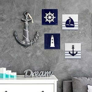 4 Pieces Nautical Wall Decor Anchor Ship Wheel Sailboat Lighthouse Wooden Sign Rustic Beach 3D Wood Print Sign Beach Bathroom Wooden Plaque Decor Ocean Coastal Theme Ocean Decor (Dark Blue, White)