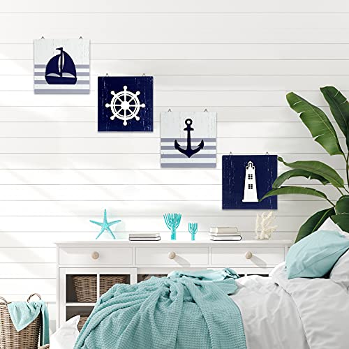 4 Pieces Nautical Wall Decor Anchor Ship Wheel Sailboat Lighthouse Wooden Sign Rustic Beach 3D Wood Print Sign Beach Bathroom Wooden Plaque Decor Ocean Coastal Theme Ocean Decor (Dark Blue, White)