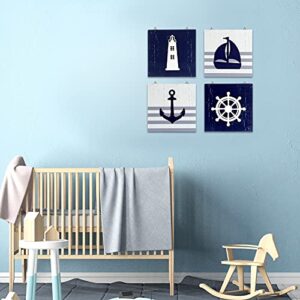 4 Pieces Nautical Wall Decor Anchor Ship Wheel Sailboat Lighthouse Wooden Sign Rustic Beach 3D Wood Print Sign Beach Bathroom Wooden Plaque Decor Ocean Coastal Theme Ocean Decor (Dark Blue, White)