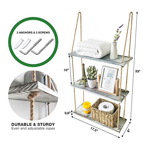 ASLINY Combo 3 Tiers Hanging Shelf and 2 Pcs Rope Shelves, Rustic White