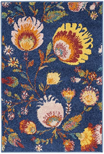 Nourison Allur Floral Navy Multicolor 2' x 3' Area -Rug, Easy -Cleaning, Non Shedding, Bed Room, Living Room, Dining Room, Kitchen (2x3)