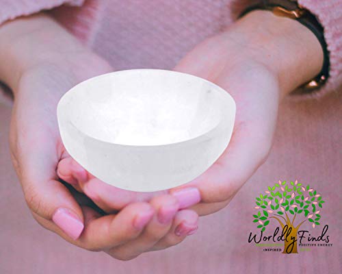 Selenite Bowl Crystal Holder - Sage Smudge Bowl, Moroccan, Polished, Hand-Carved for Cleansing, Charging Crystals, Smudging Offering Bowl, Spiritual Gifts, Wiccan Altar Supplies Gift Bag (3" Medium)