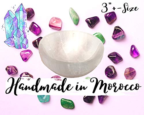 Selenite Bowl Crystal Holder - Sage Smudge Bowl, Moroccan, Polished, Hand-Carved for Cleansing, Charging Crystals, Smudging Offering Bowl, Spiritual Gifts, Wiccan Altar Supplies Gift Bag (3" Medium)