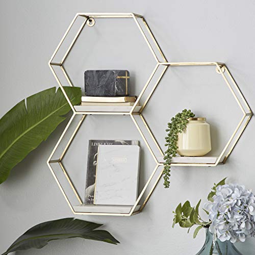 Deco 79 Marble Hexagon 3 Marble Shelves Wall Shelf, 24" x 6" x 24", Gold