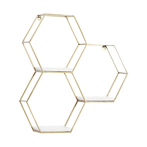 Deco 79 Marble Hexagon 3 Marble Shelves Wall Shelf, 24" x 6" x 24", Gold