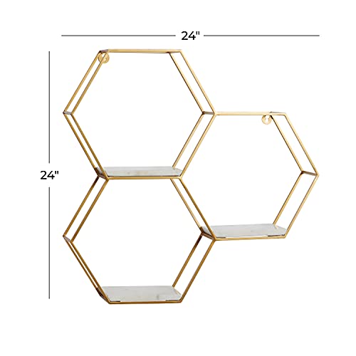 Deco 79 Marble Hexagon 3 Marble Shelves Wall Shelf, 24" x 6" x 24", Gold