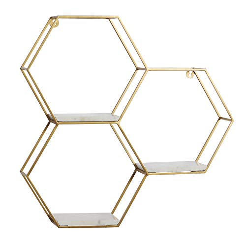 Deco 79 Marble Hexagon 3 Marble Shelves Wall Shelf, 24" x 6" x 24", Gold