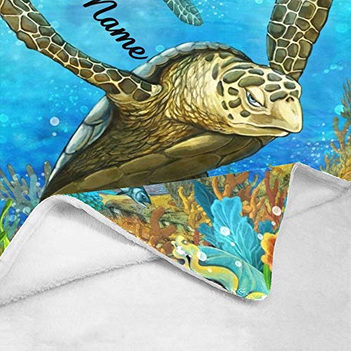 CUXWEOT Custom Blanket with Name Text,Personalized Underwater World Sea Turtle Super Soft Fleece Throw Blanket for Couch Sofa Bed (50 X 60 inches)