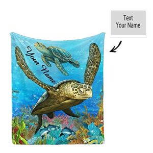 CUXWEOT Custom Blanket with Name Text,Personalized Underwater World Sea Turtle Super Soft Fleece Throw Blanket for Couch Sofa Bed (50 X 60 inches)