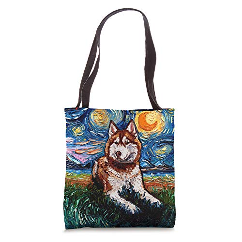 Red and White Siberian Husky Starry Night Dog Art by Aja Tote Bag