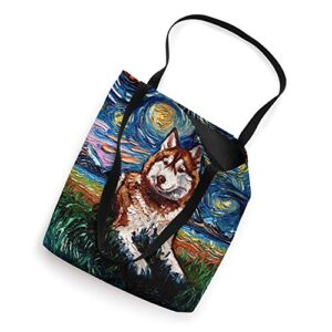 Red and White Siberian Husky Starry Night Dog Art by Aja Tote Bag