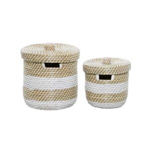 Deco 79 Seagrass Handmade Two Toned Storage Basket with Matching Lids, Set of 2 13", 17"H, Brown