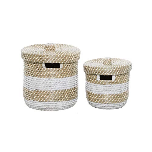 Deco 79 Seagrass Handmade Two Toned Storage Basket with Matching Lids, Set of 2 13", 17"H, Brown