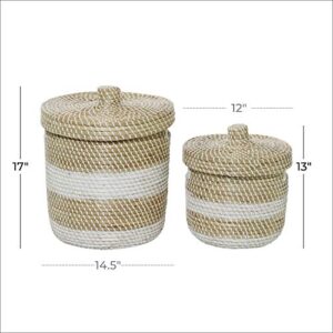 Deco 79 Seagrass Handmade Two Toned Storage Basket with Matching Lids, Set of 2 13", 17"H, Brown