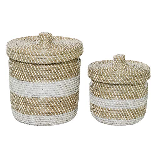 Deco 79 Seagrass Handmade Two Toned Storage Basket with Matching Lids, Set of 2 13", 17"H, Brown