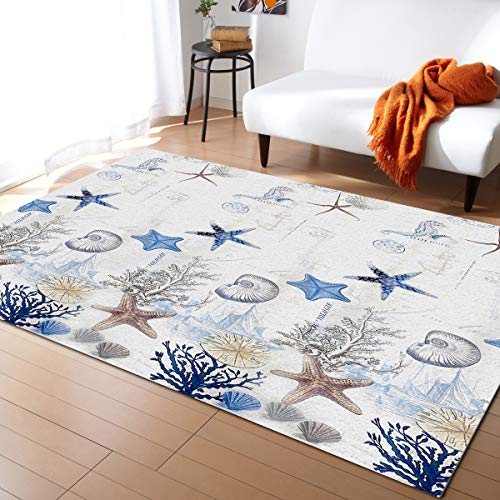 2x3ft Large Area Rugs for Living Room, Nautical Tropical Ocean Collection Area Runner Rugs Non Slip Bedroom Carpets Hallways Rug, Outdoor Indoor Nursery Rugs Décor, Anchor Starfish Shell Seahorse