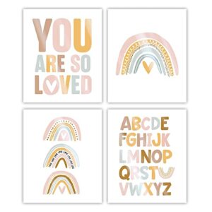 maria designs inc. boho rainbow decor set of 4 (unframed) boho nursery decor pretty pastel colors. perfect boho nursery decor for girl nursery, bedroom, playroom. (8″x10″)