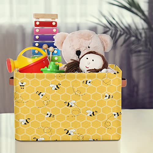 Yellow Bee Basket Cube Storage Bins Honeycomb Shelves Bee Decor for Bedroom Toys Stuffed Animal Waterproof Laundry Box Bin Basket with Handle for Home Closet Shelf Office Bedroom Gift-1PCS