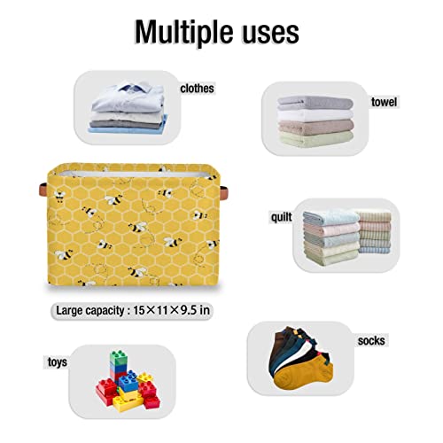 Yellow Bee Basket Cube Storage Bins Honeycomb Shelves Bee Decor for Bedroom Toys Stuffed Animal Waterproof Laundry Box Bin Basket with Handle for Home Closet Shelf Office Bedroom Gift-1PCS