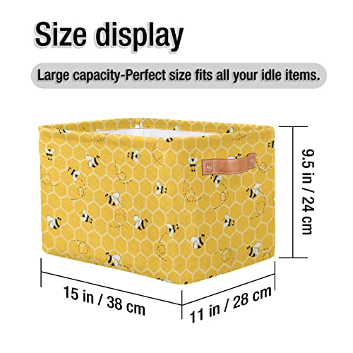 Yellow Bee Basket Cube Storage Bins Honeycomb Shelves Bee Decor for Bedroom Toys Stuffed Animal Waterproof Laundry Box Bin Basket with Handle for Home Closet Shelf Office Bedroom Gift-1PCS